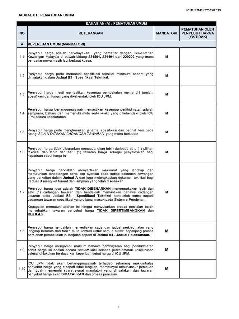 Jadual B1 Pematuhan Umum Pdf