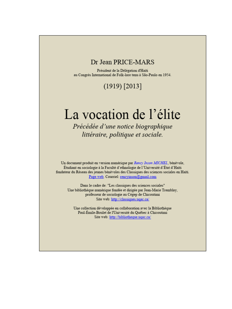 Jean PRICE MARS, La Vocation de L'elite | PDF