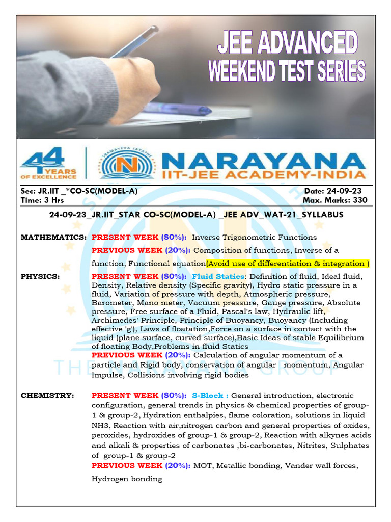 24-09-23 - JR - Iit - Star Co-Sc (Model-A) - Jee Adv - Nm-I (P-I) - Wat-21 - QP | PDF | Pressure ...