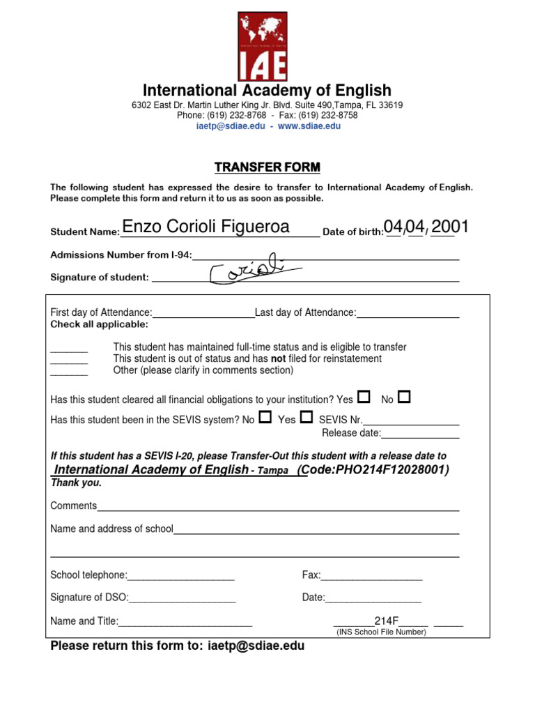 IAE - Tampa Transfer Form 2 | PDF