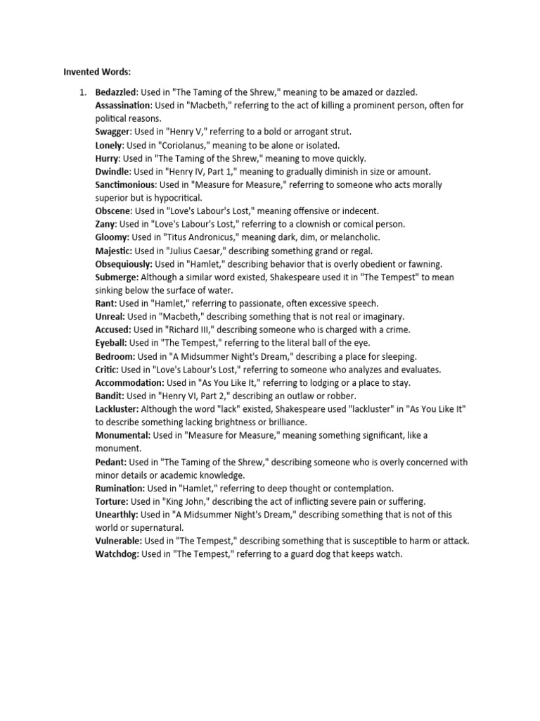 Shakespeare's Invented Words & Phrases | PDF | William Shakespeare | Hamlet