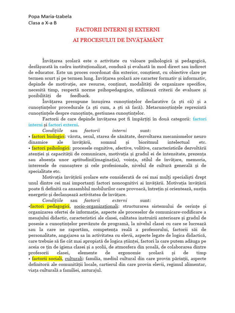 FACTORII INTERNI ȘI EXTERNI | PDF