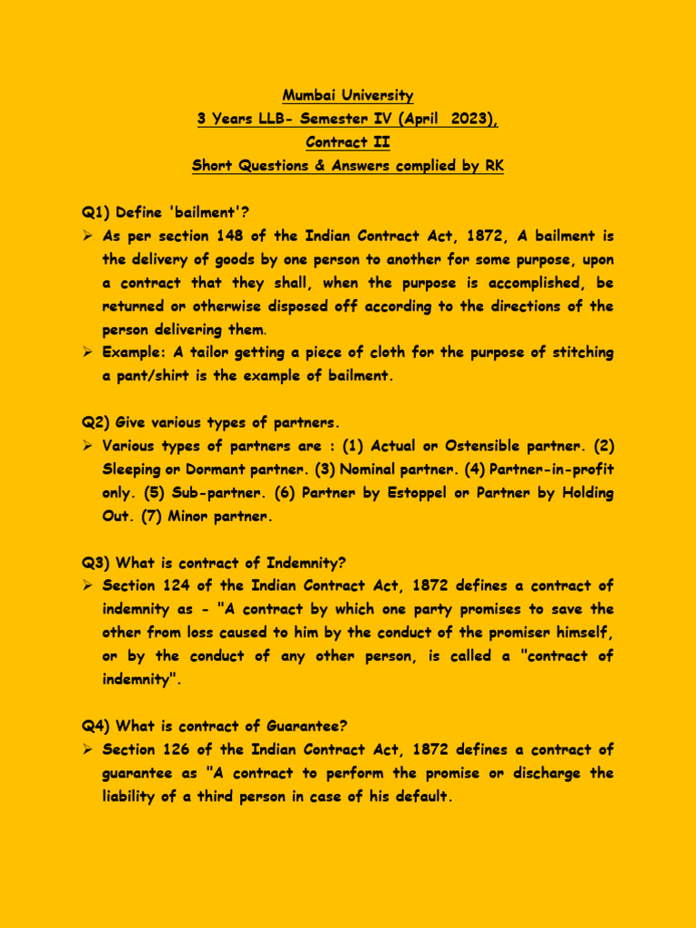 Contract II Short Questions & Answers | PDF Contract II Short Questions & Answers | PDF