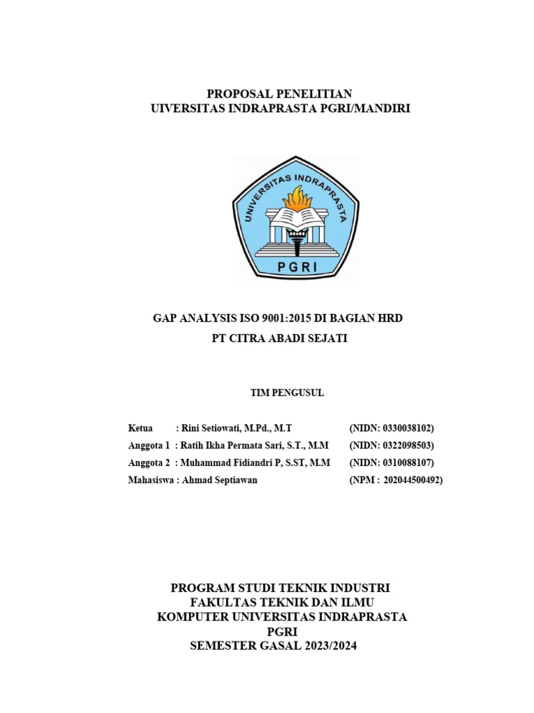 PROPOSAL PENELITIAN GAP ANALYSIS ISO 9001-2015 DI BAGIAN HRD DI BAGIAN HRD PT CITRA ABADI SEJATI ...