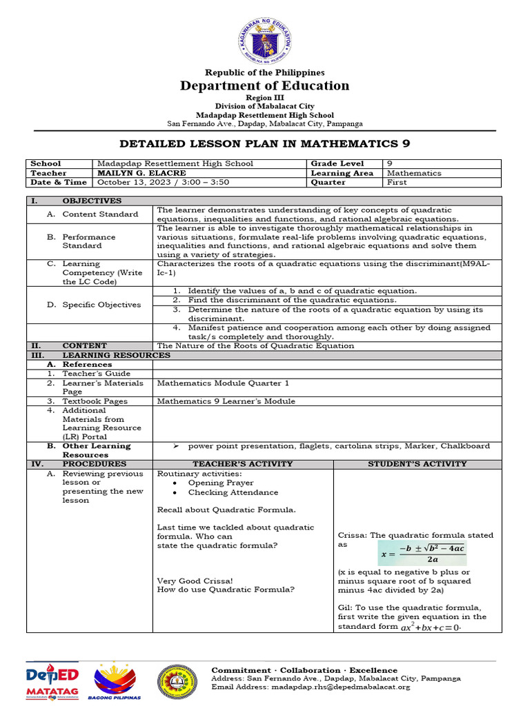 COT1 23 24 DLP FORMAT Math New | PDF | Quadratic Equation | Equations