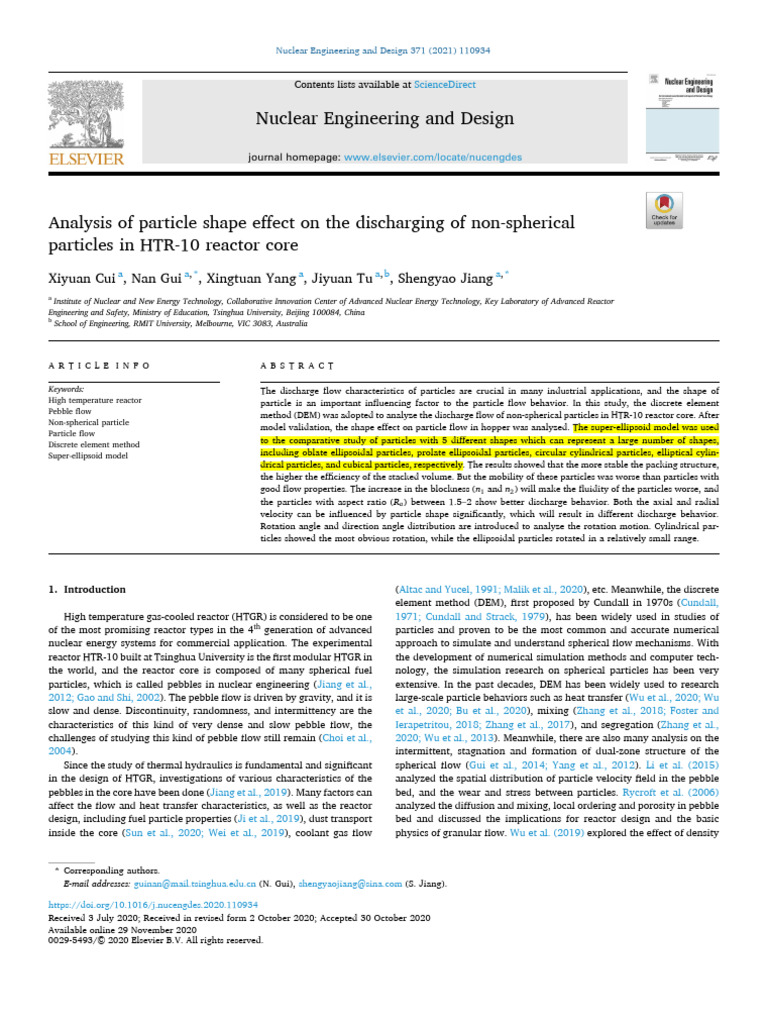 Analysis of Particle Shape Effect On The Discharging of Non-Spherical Particles in HTR-10 ...