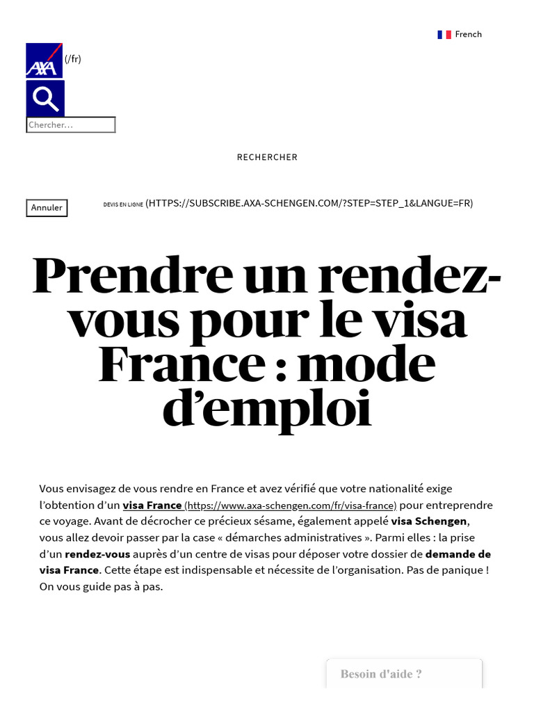 Comment Prendre Un Rendez-Vous Pour Le Visa France - AXA Schengen | PDF