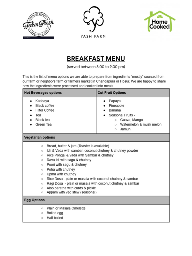 Yash Farm Stays Food Menu 2 | PDF