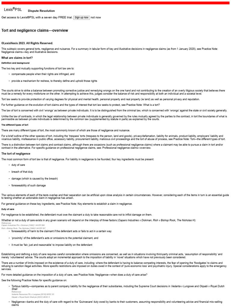Tort and negligence claims—overview - Lexis®PSL, practical guidance fo ...