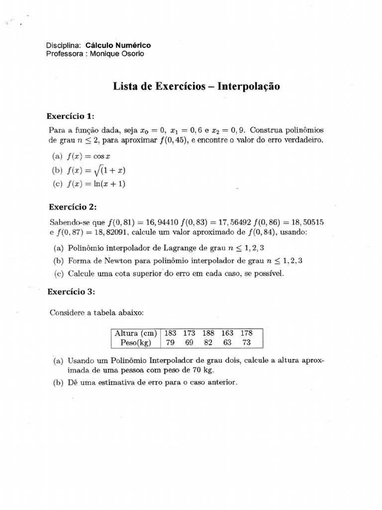 LISTA DE EXERCÍCIO INTERPOLAÇÃO | PDF