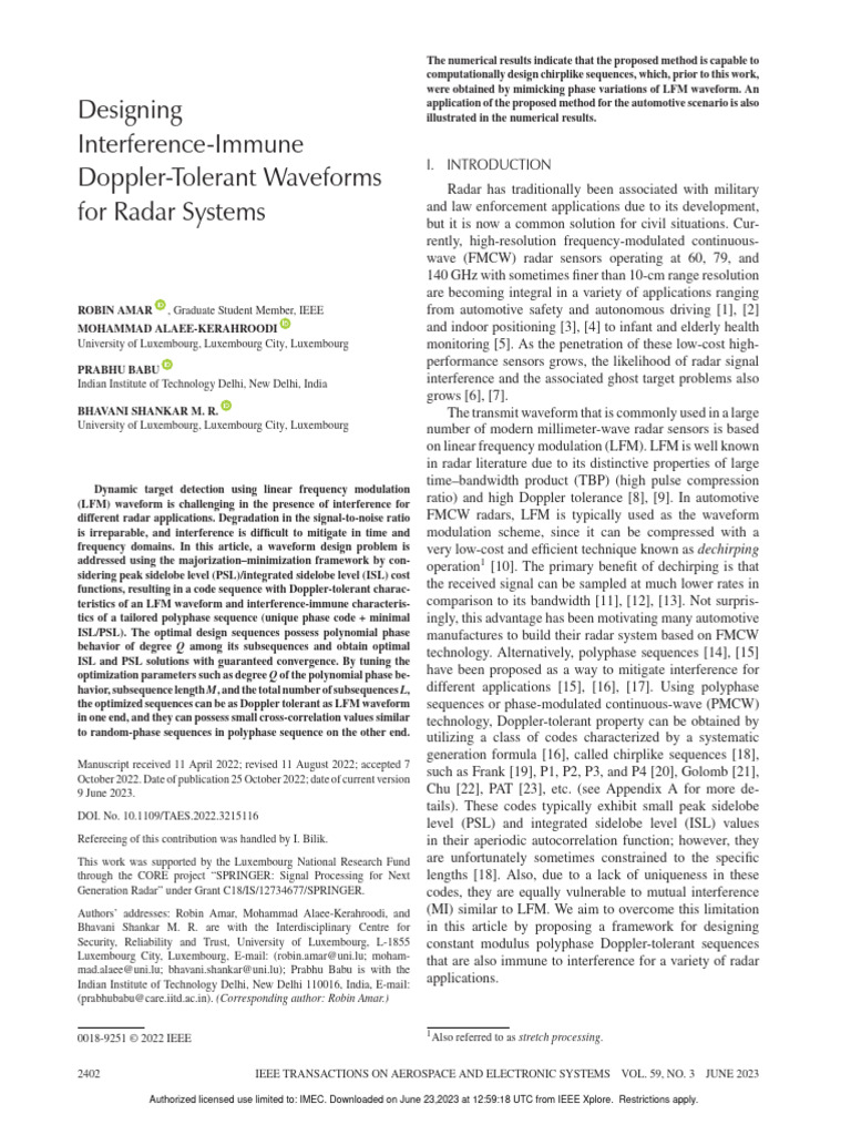 Designing Interference Immune Doppler Tolerant Waveforms For Radar