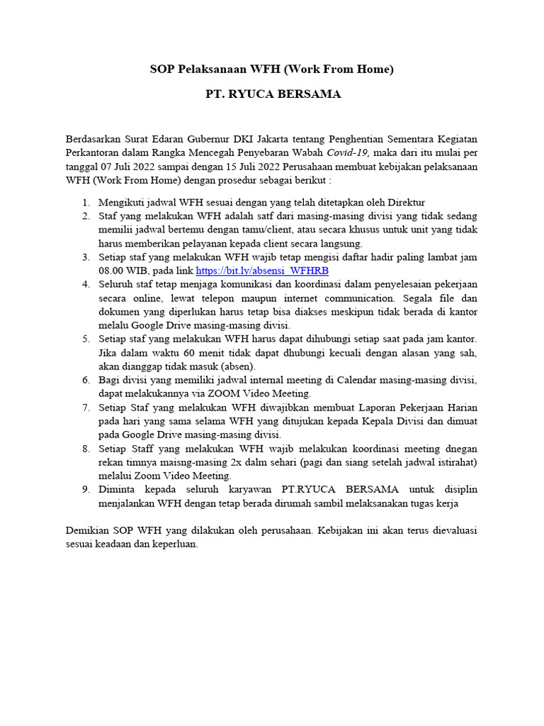 Contoh Dari SOP Pelaksanaan WFH | PDF