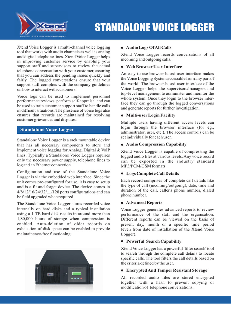 Xtend Standalone Voice Logger 4U & Datasheet | Download Free PDF | Digital Audio | Telephone