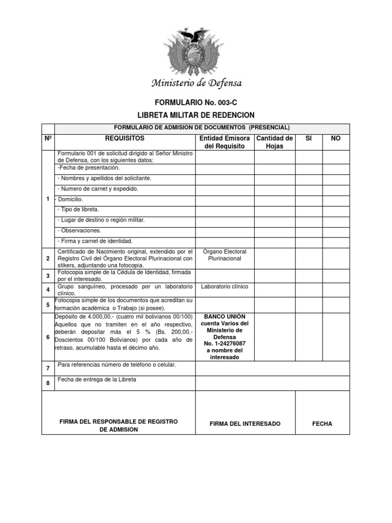 Ministerio de Defensa: Formulario No. 003-C Libreta Militar de Redencion | PDF