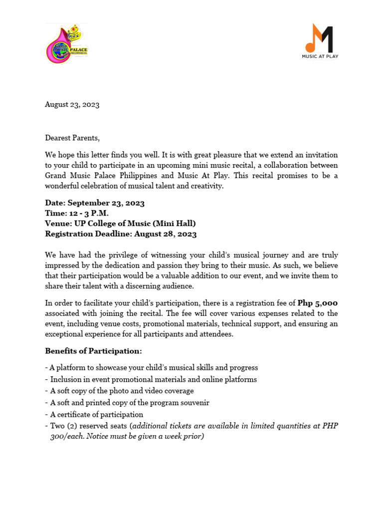 Invitation Letter - Music Recital | PDF | Concert