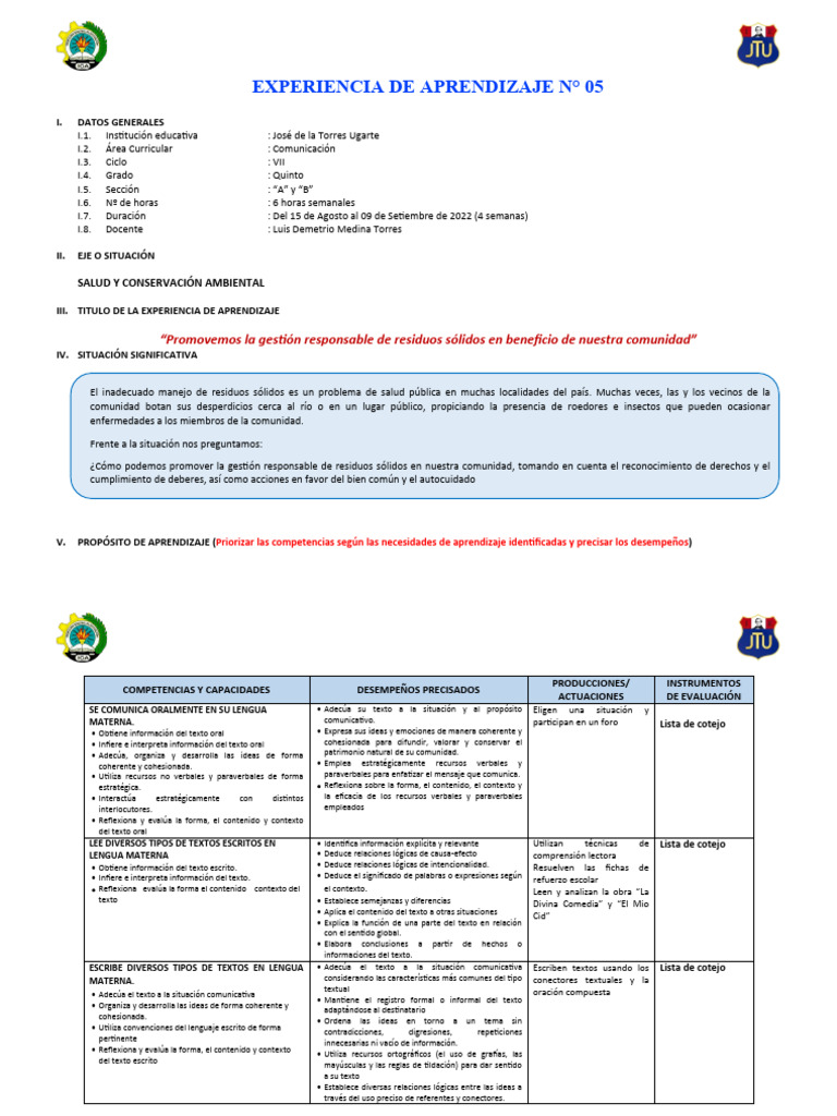 Experiencia de Aprendizaje 5 Com. 5 | PDF | Aprendizaje | Evaluación
