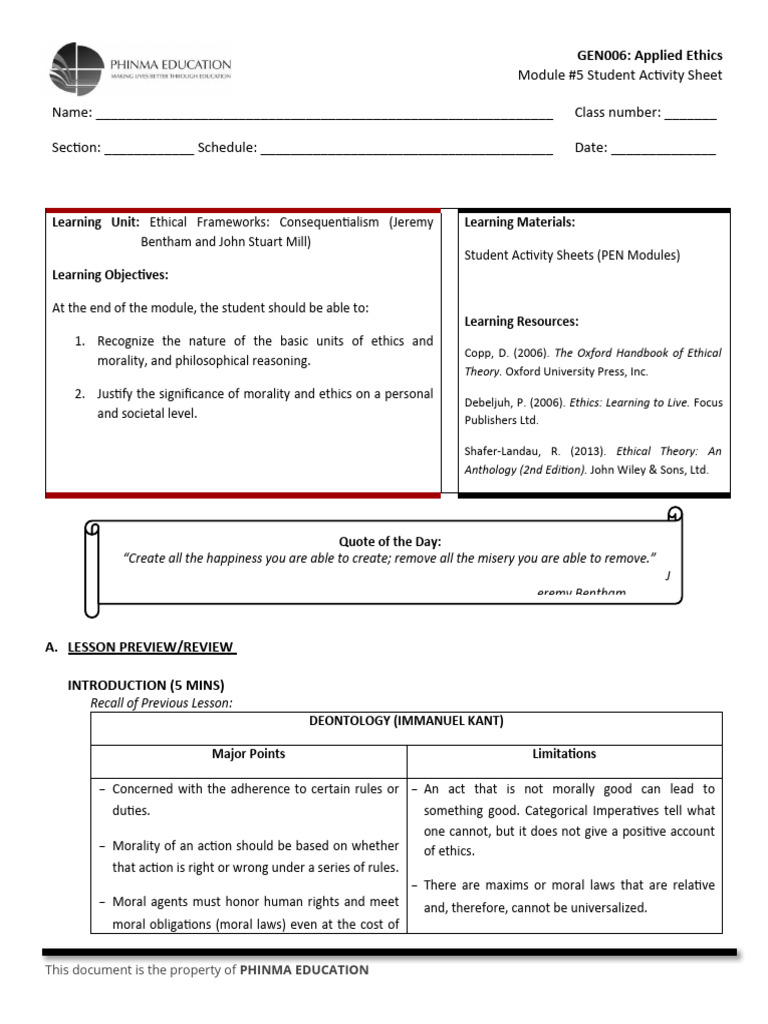 Sas5 Ethical Frameworks Consequentialism | PDF | Utilitarianism | Pleasure