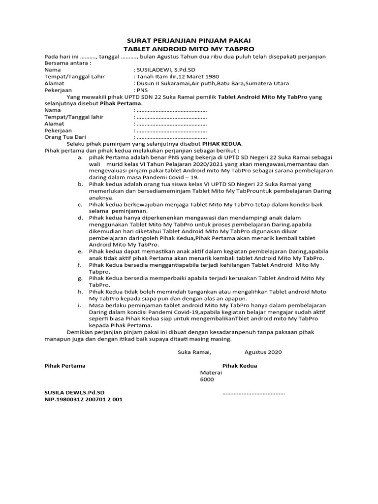 Surat Perjanjian Pinjam Pakai Tablet | PDF