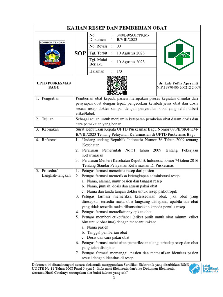 SOP Kajian Resep Dan Pemberian Obat | PDF