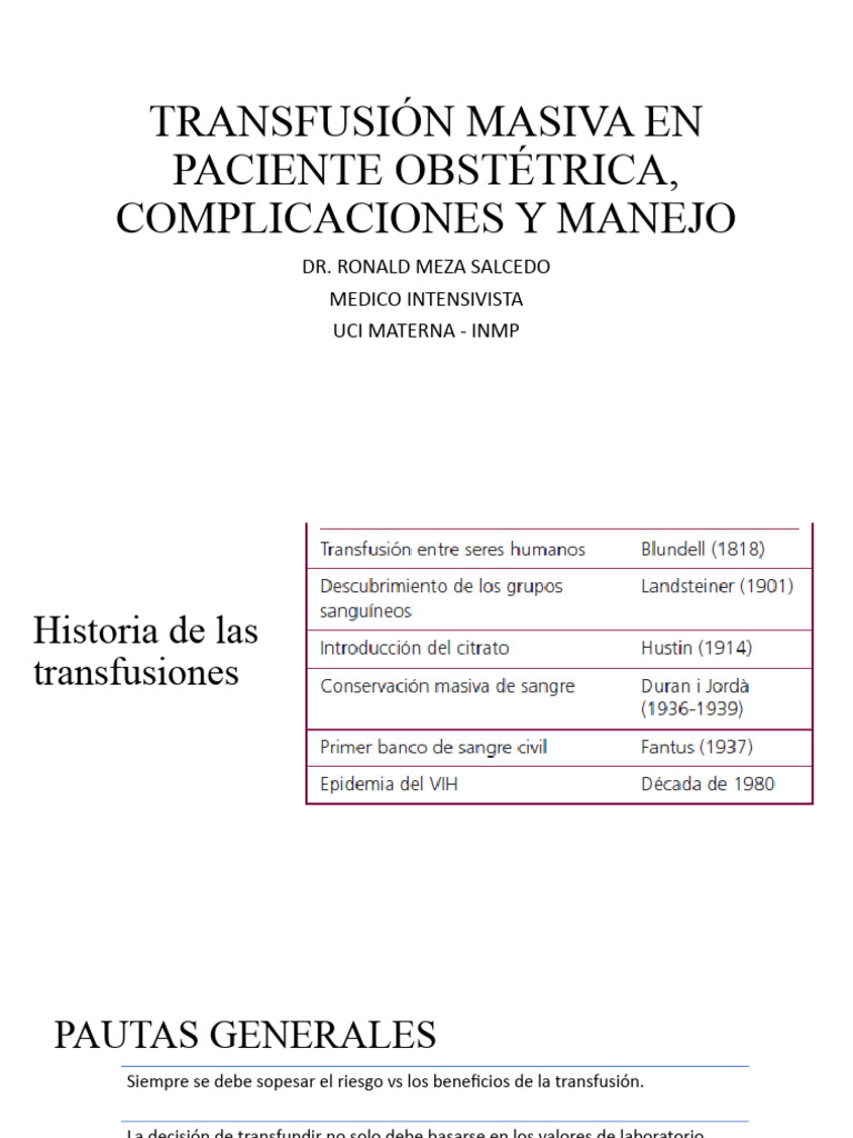 Transfusión Masiva en Paciente Obstétrica, Complicaciones y Manejo 2023 ...