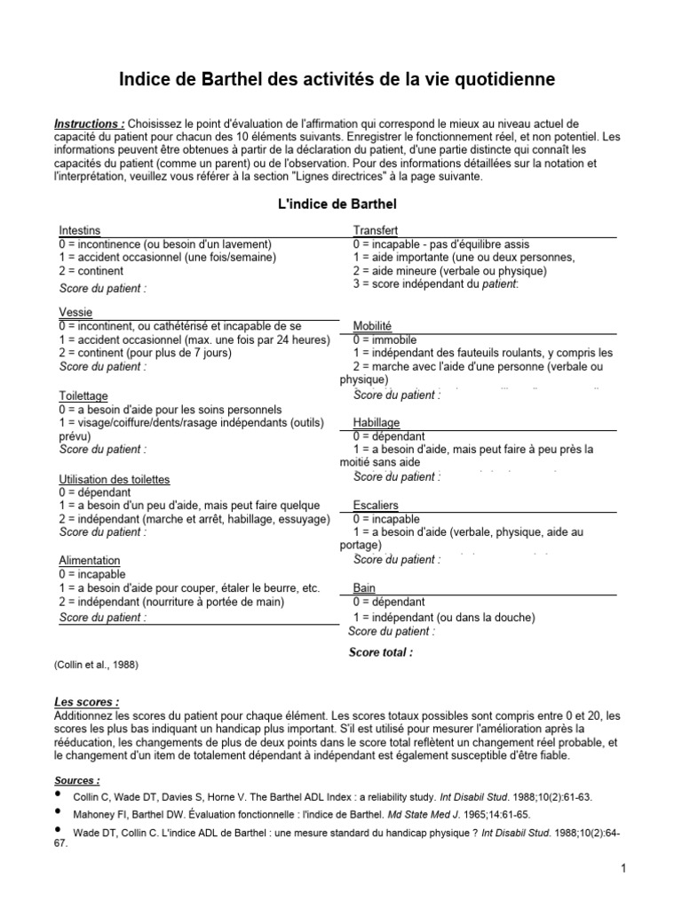 Indice de Barthel : Évaluation des AVQ | PDF | Bien-être