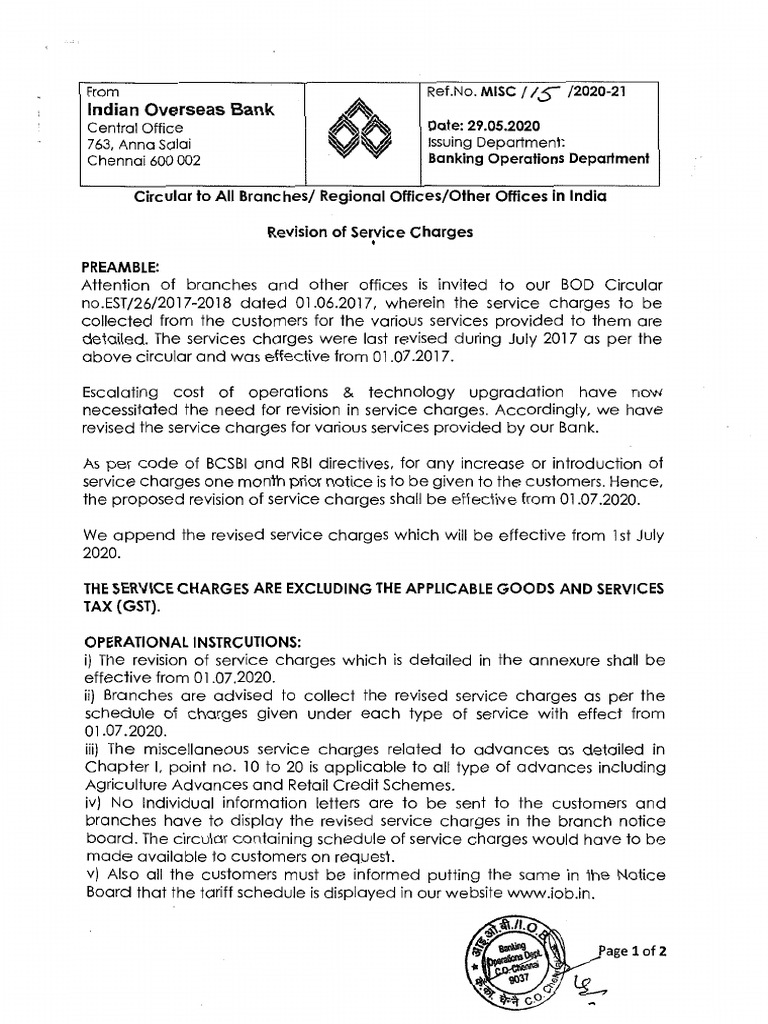 IobService Charge New Circular | PDF