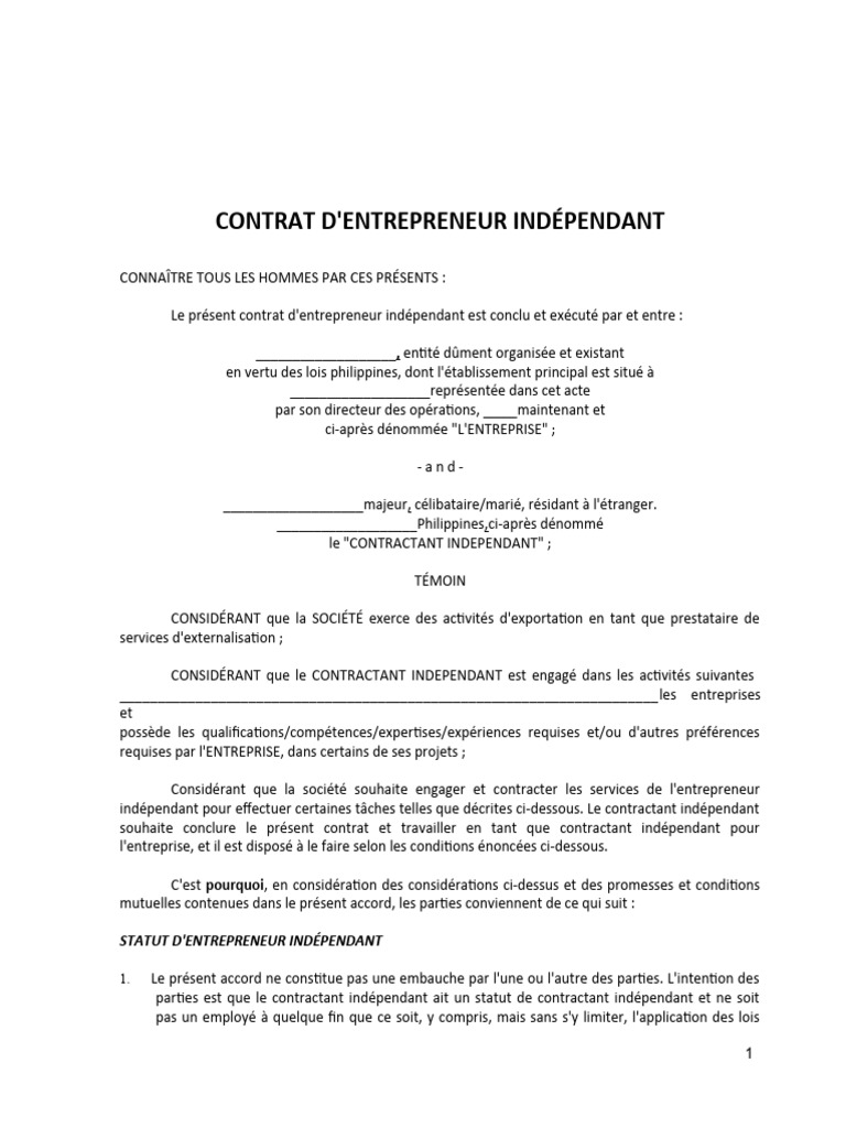 Contrat d'Entrepreneur Indépendant | PDF | Propriété intellectuelle ...