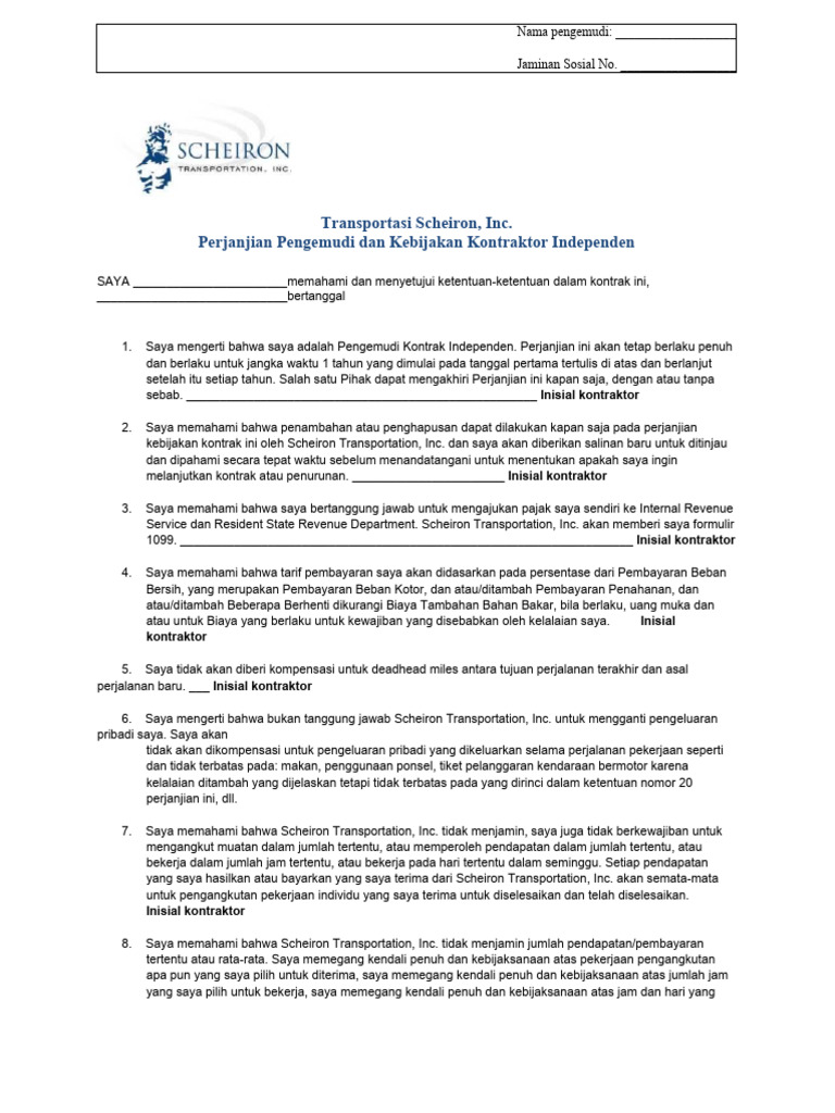 Perjanjian Pengemudi Kontrak Scheiron | PDF | Pengelolaan Keuangan & Uang