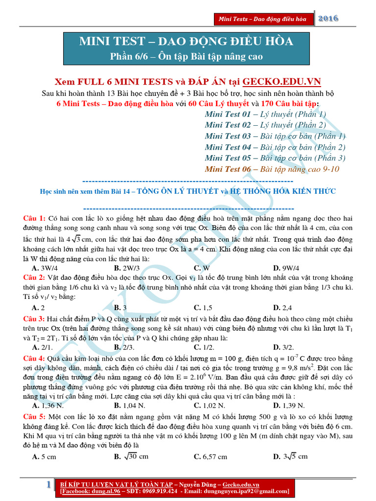 Mini Test - Dao Động Điều Hòa: Xem Full 6 Mini Tests Và Đáp Án Tại ...