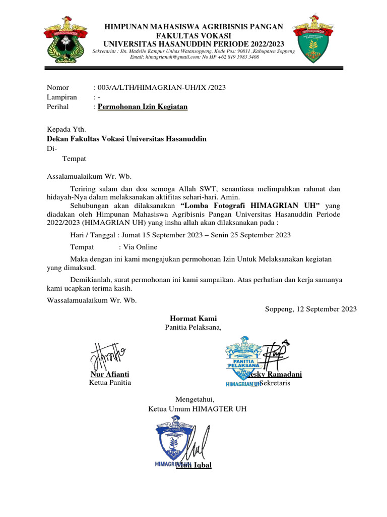 003 - Surat Permohonan Izin Kegiatan Lomba Himagrian Uh | PDF | Sains ...