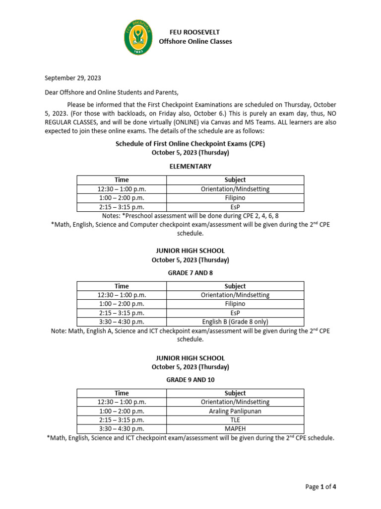 Offshore - Letter To Parents 1st Checkpoint Exams SY 23 24 Offshore | PDF