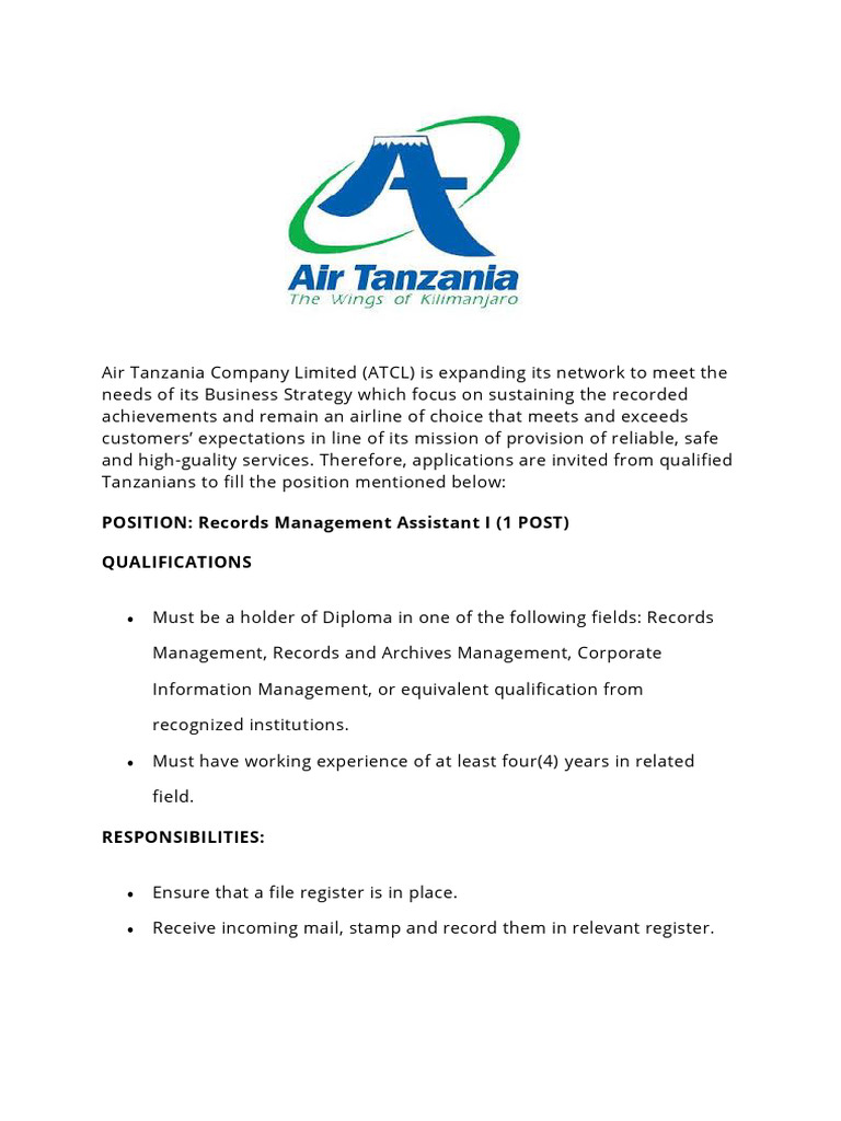 ATCL Job Opening: Records Management Assistant | PDF