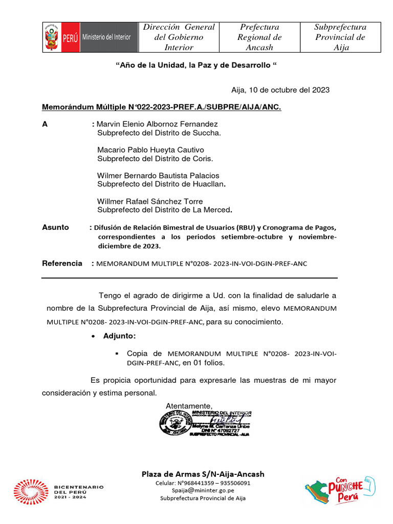 Memorándum Múltiple N°022-2023-PREF | PDF