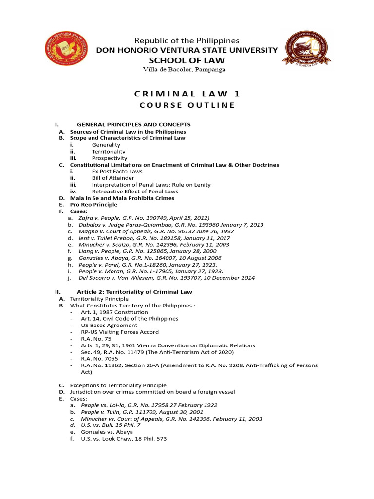 Partial Criminal Law Course Outline 2023 2024 | PDF