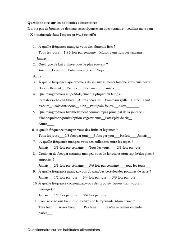 Questionnaire Sur Les Habitudes Alimentaires | PDF