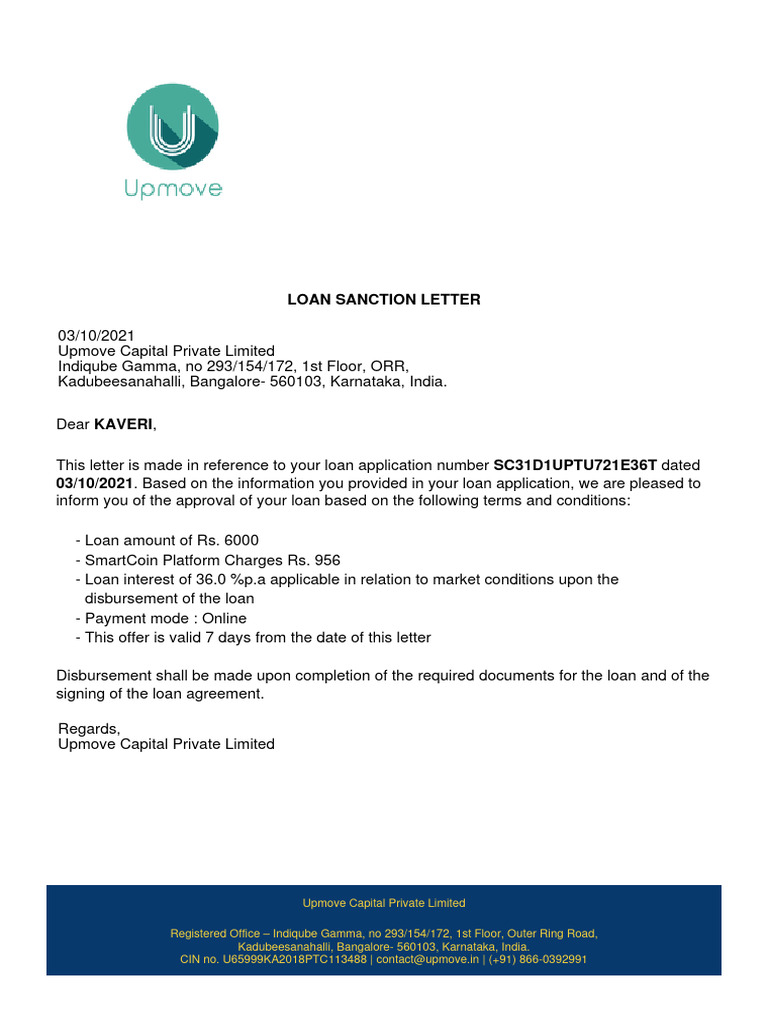 Loan Sanction Letter SC31D1UPTU721E36T | PDF