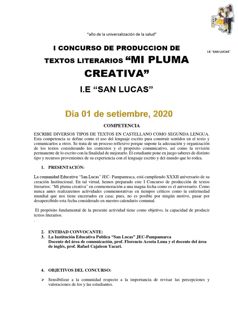 Bases Del Concurso de Produccion de Textos Literarios | PDF | Maestros ... Bases Del Concurso de Produccion de Textos Literarios | PDF | Maestros ...