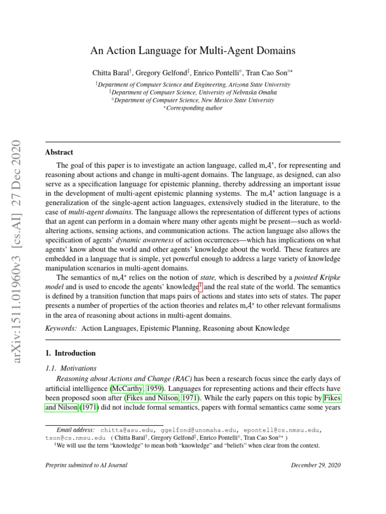 An Action Language For Multi-Agent Domains | PDF