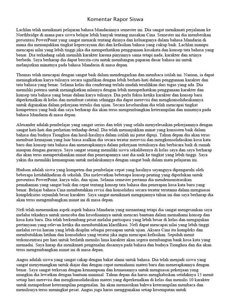 Contoh Komentar Rapor | PDF