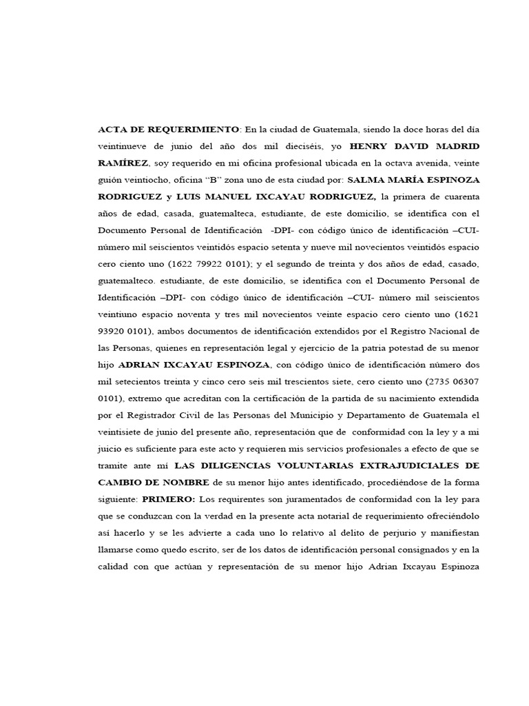 Acta De Requerimiento Cambio De Nombre Pdf