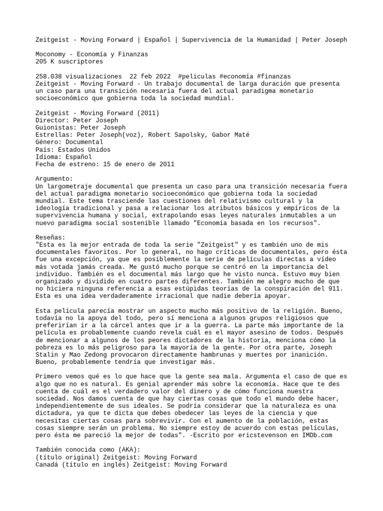 Zeitgeist - Moving Forward Español Supervivencia de La Humanidad Peter Joseph | PDF | Ciencias ...