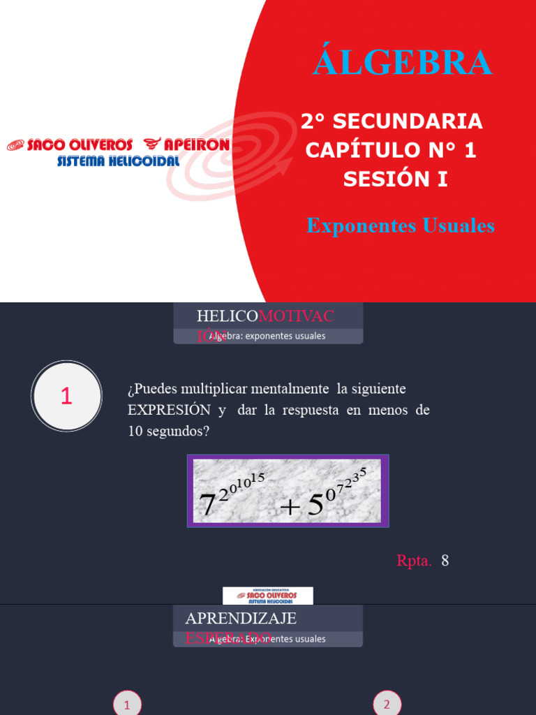 Exponentes Usuales en Álgebra 2° Sec. | PDF