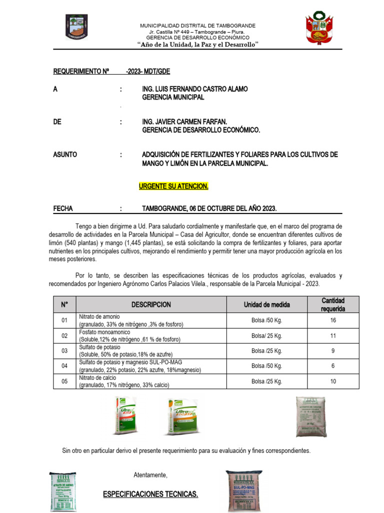 Requerimientos Fert. Oct | PDF | Fertilizante | Corrupción política