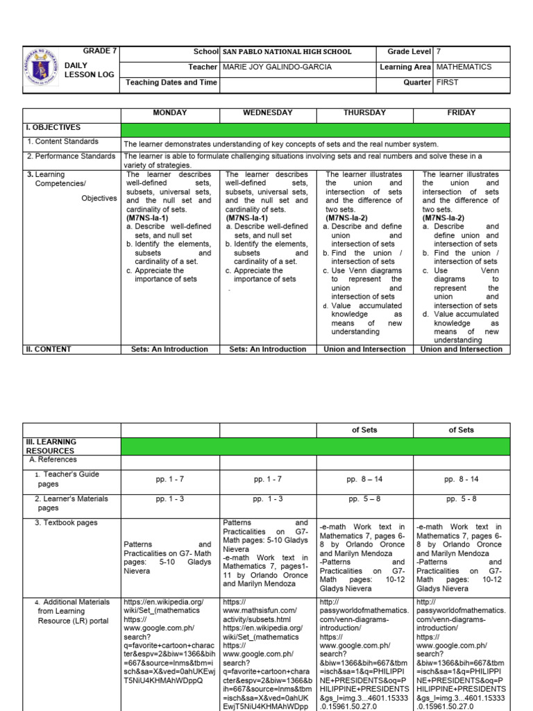 Garcia - DLL Math 7 Week 1 | PDF | Set (Mathematics) | Empty Set
