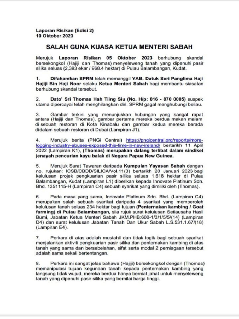 Skandal Perlombongan Pasir Silika Membabitkan Ketua Menteri Sabah - Bahagian 2 | PDF