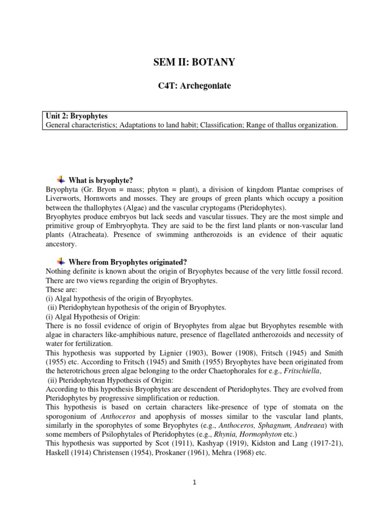 SEM II BOTANY C4T Unit 2 Bryophyte | PDF