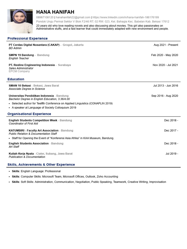 Hana Hanifah-Resume | PDF | Human Communication | Learning