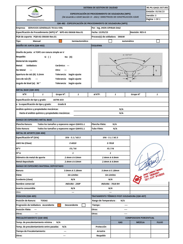 2. 001-SGT-WPS-6G-SMAW-Rev.01xlsx | PDF | Soldadura | Construcción