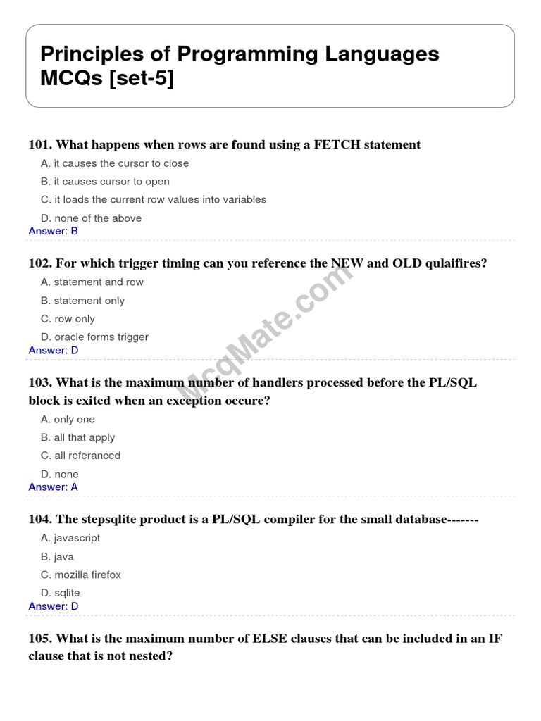 Principles of Programming Languages Solved MCQs (Set-5) | PDF