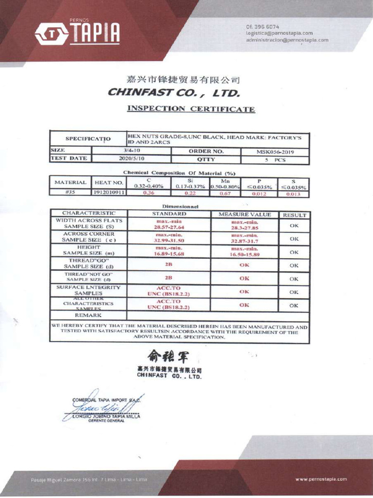 Certificado de Calidad - Tuerca Hexagonal | PDF